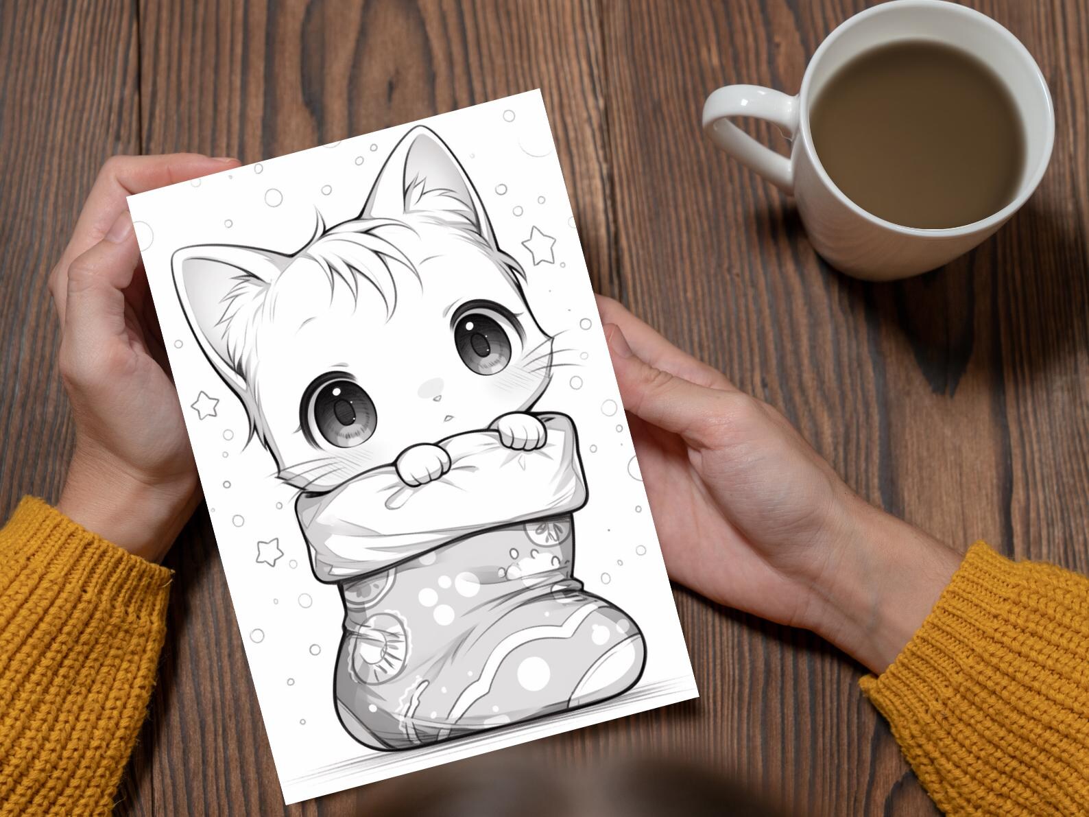 Kawaii Cat Christmas Coloring Pages, Cute Holiday Cat Coloring Book ...