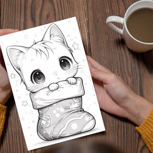 Kawaii Cat Christmas Coloring Pages, Cute Holiday Cat Coloring Book ...