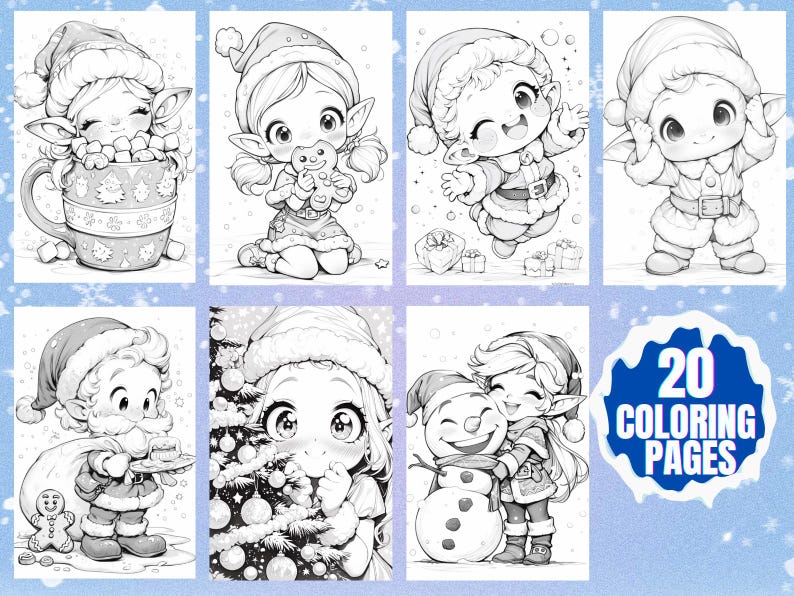 Kawaii Elf Christmas Coloring Pages, Cute Holiday Elf Coloring Book for ...