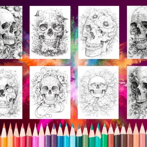 Skull and Flower Coloring, Blooming Skull Page, Adult Coloring Book ...