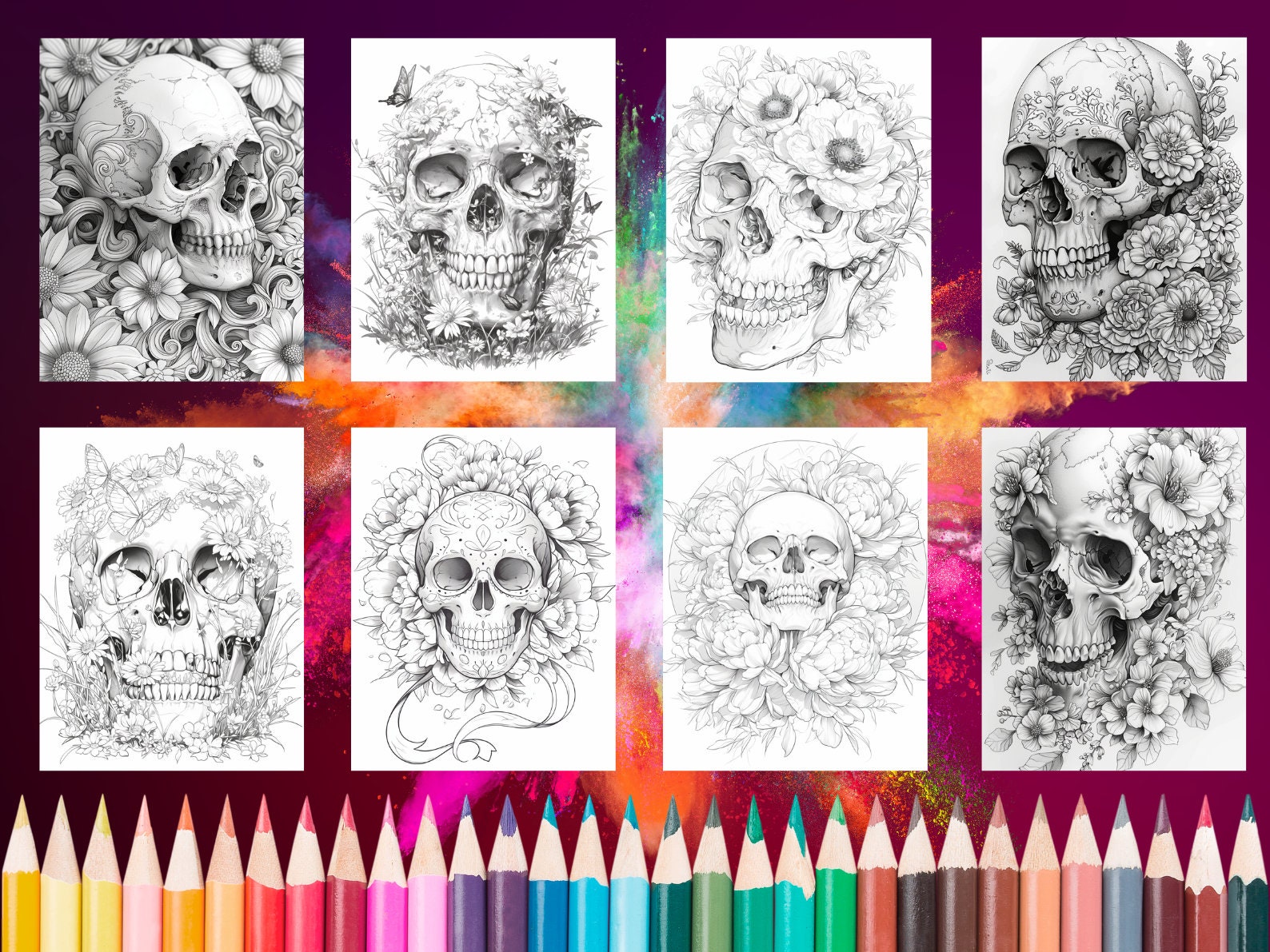 Skull and Flower Coloring, Blooming Skull Page, Adult Coloring Book ...