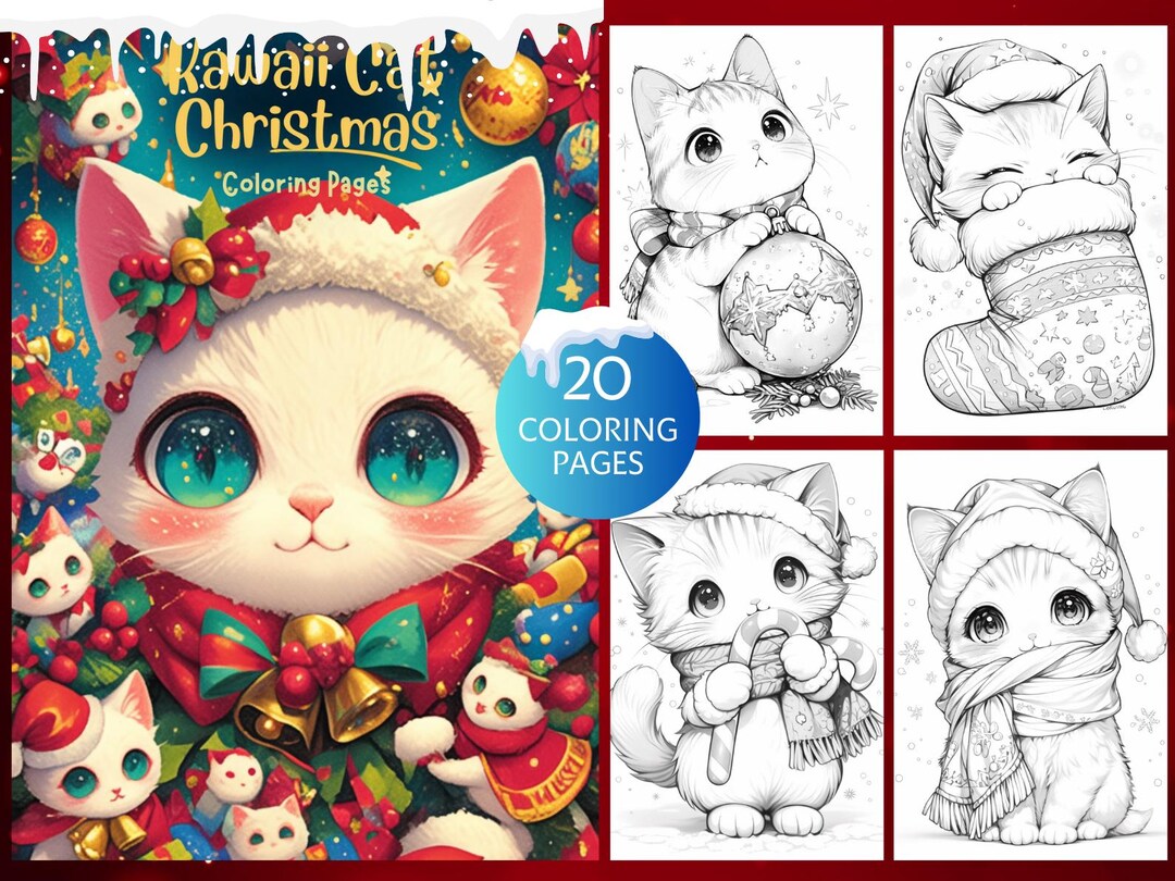 Kawaii Cat Christmas Coloring Pages, Cute Holiday Cat Coloring Book ...