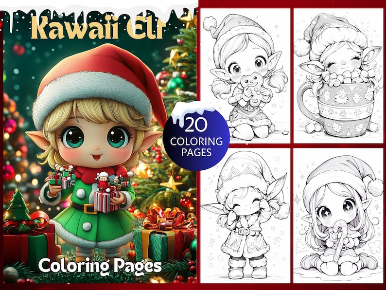Kawaii Elf Christmas Coloring Pages, Cute Holiday Elf Coloring Book for ...
