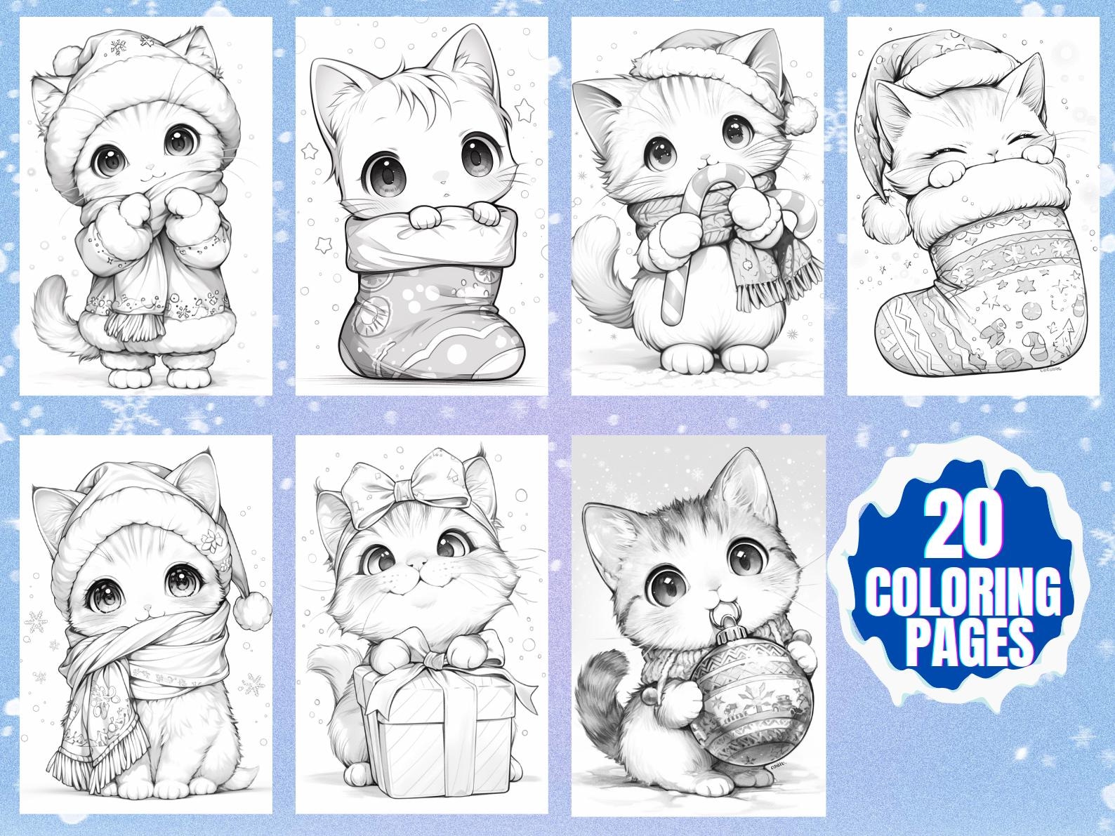 Kawaii Cat Christmas Coloring Pages, Cute Holiday Cat Coloring Book ...