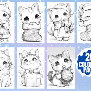 Kawaii Cat Christmas Coloring Pages, Cute Holiday Cat Coloring Book ...