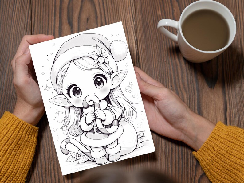 Kawaii Elf Christmas Coloring Pages, Cute Holiday Elf Coloring Book for ...