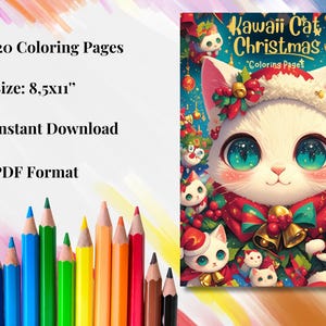 Kawaii Cat Christmas Coloring Pages, Cute Holiday Cat Coloring Book ...