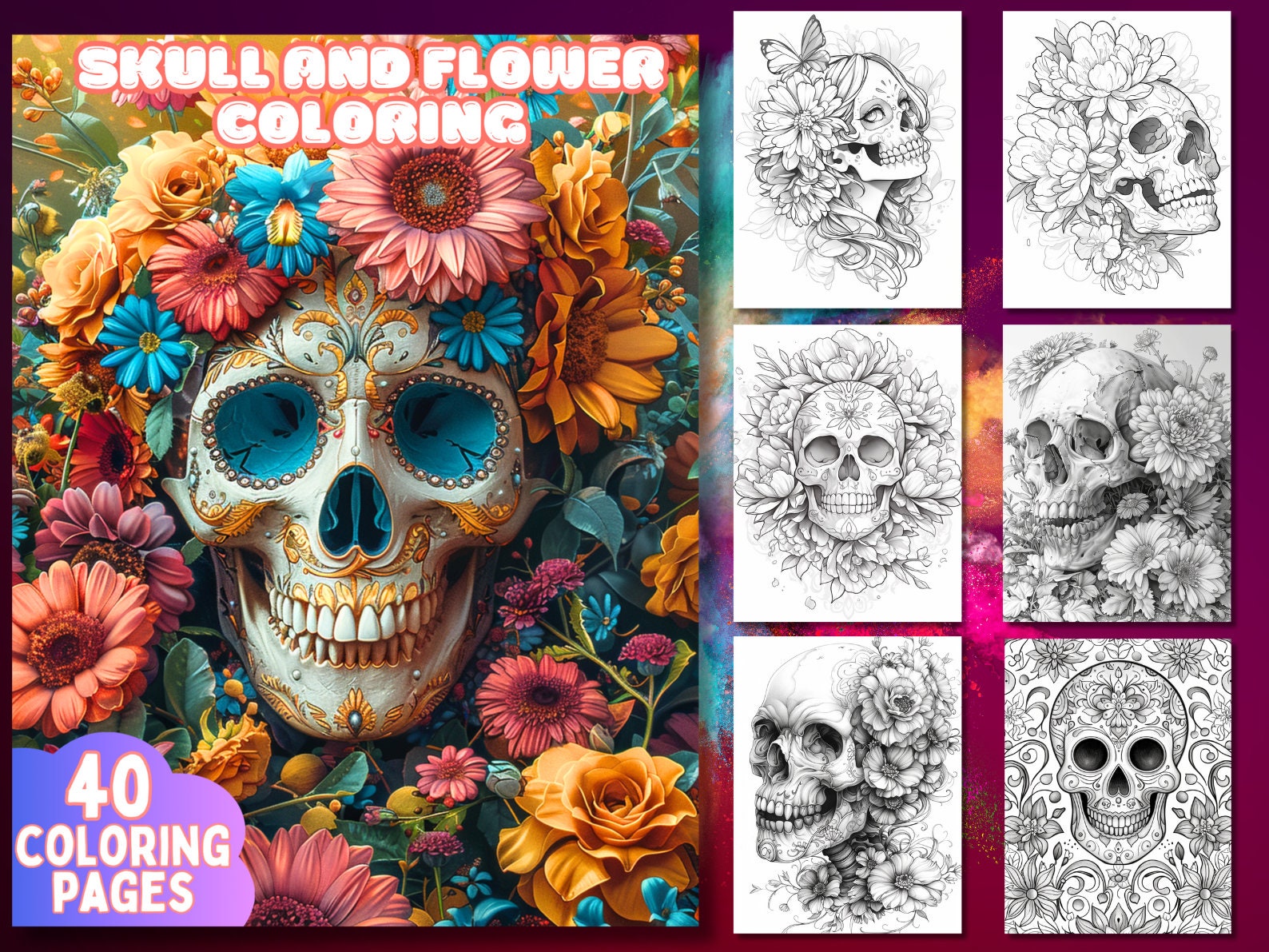 Skull and Flower Coloring, Blooming Skull Page, Adult Coloring Book ...
