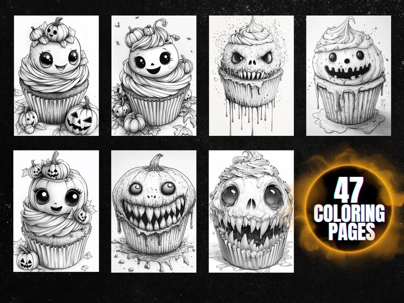 Spooky Halloween Dessert Coloring Pages, Creepy Treats, Cute Cupcakes ...