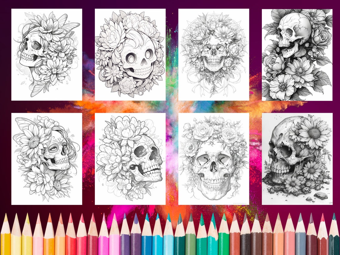 Skull and Flower Coloring, Blooming Skull Page, Adult Coloring Book ...