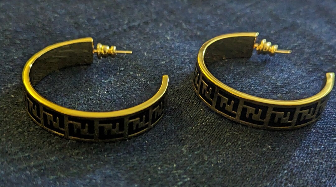 Vintage Fendi Hoop Earrings Retro Black Gold - Etsy