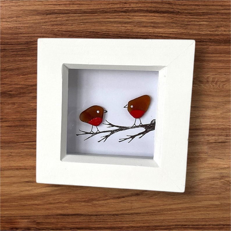 Sea Glass Art: Robin Birds in White Box Frame - Etsy