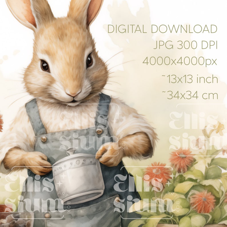 Digital Watercolor Clip Art of Bunny Rabbits in Garden Set of 3 Prints ...