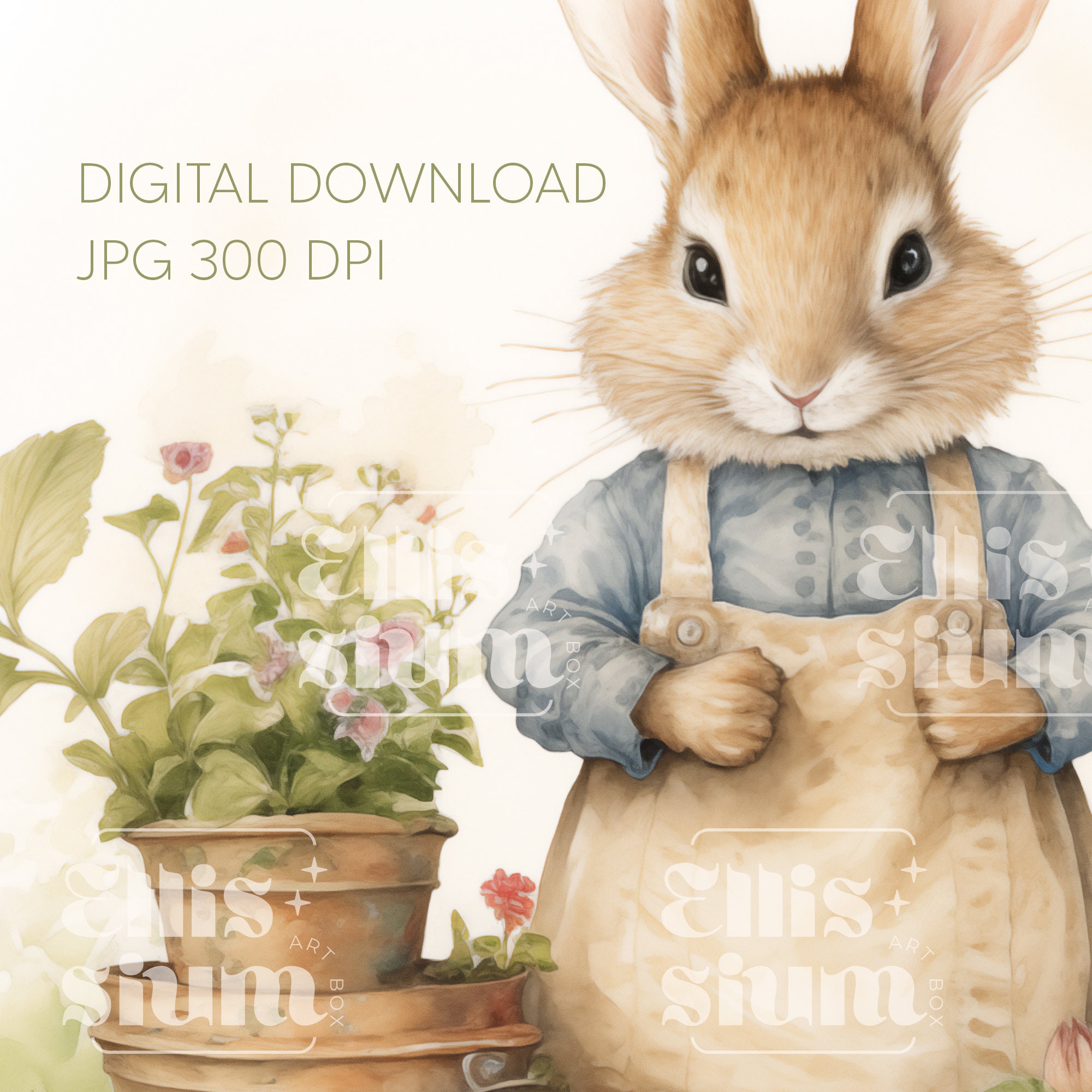 Digital Watercolor Clip Art of Bunny Rabbits in Garden Set of 3 Prints ...