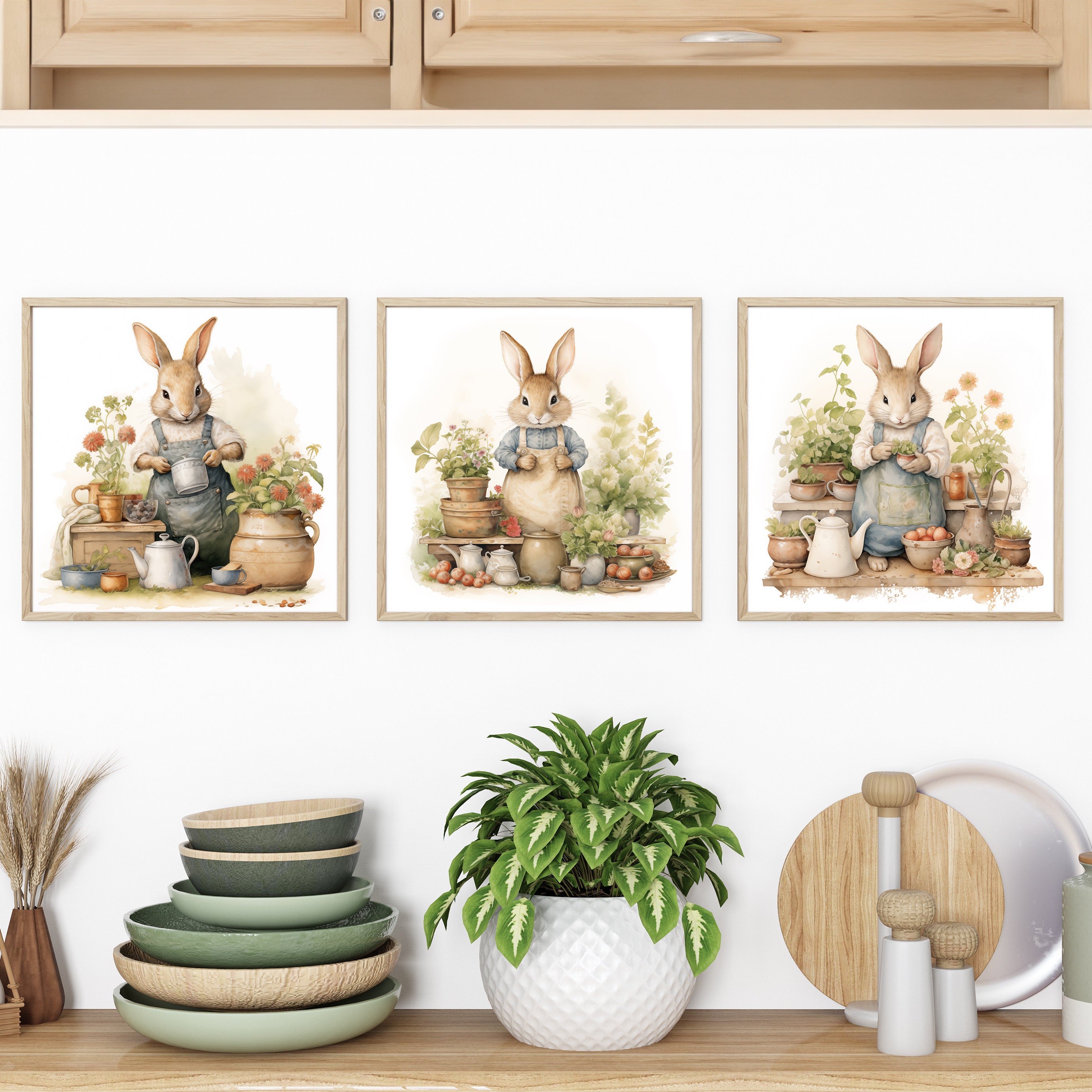Digital Watercolor Clip Art of Bunny Rabbits in Garden Set of 3 Prints ...