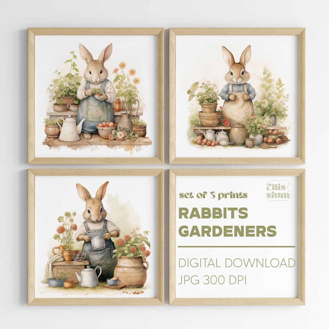 Digital Watercolor Clip Art of Bunny Rabbits in Garden Set of 3 Prints ...