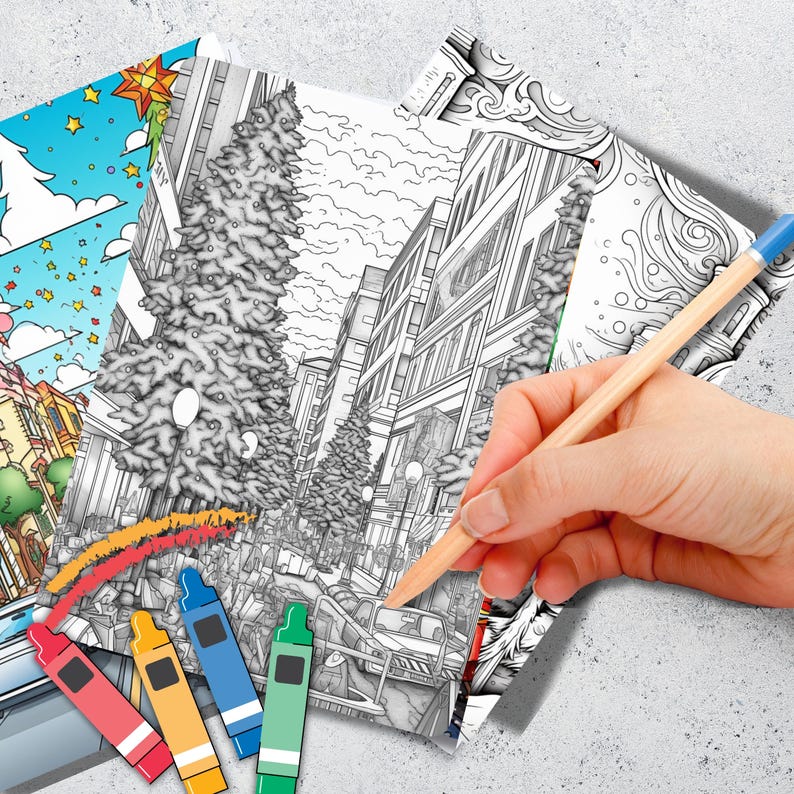 215 City Christmas Coloring Pages Instant Download Cute City Christmas ...