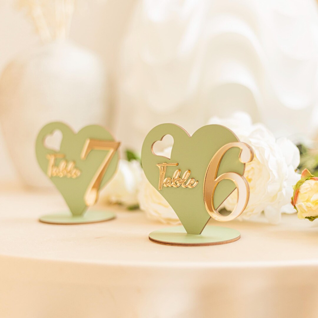 Heart Wooden Wedding Table Numbers: Gold Acrylic, Rustic Decor - Etsy