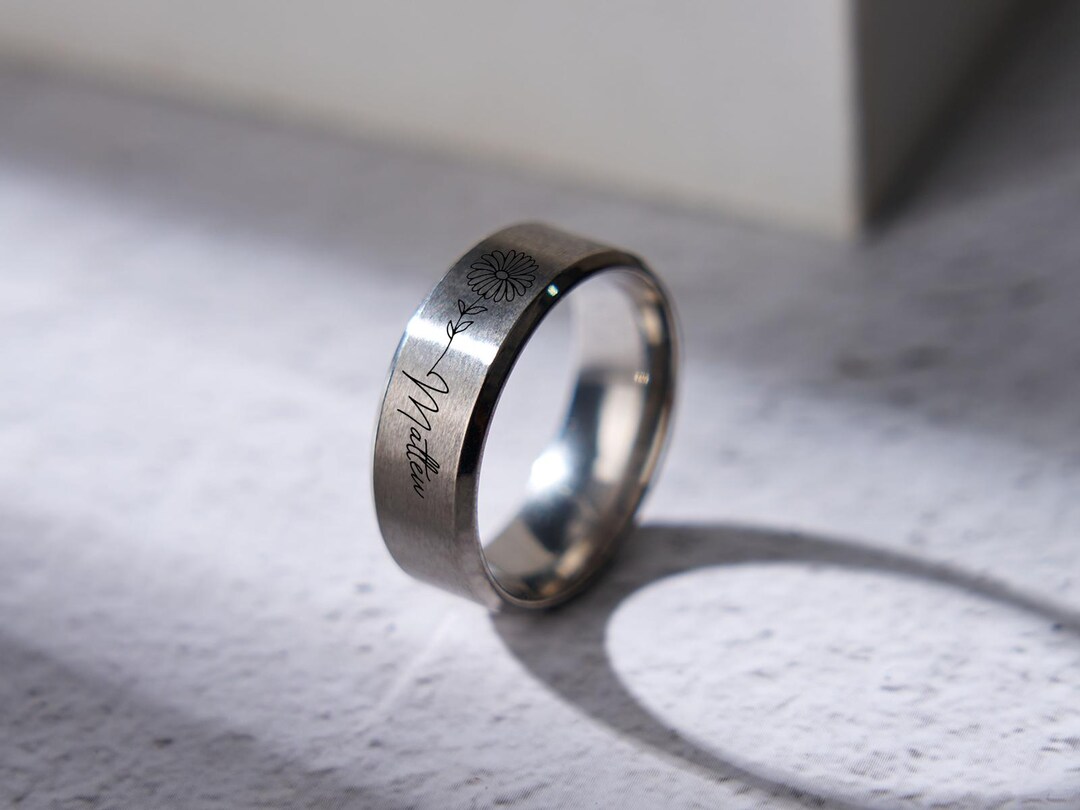 Custom Birth Flower Ring Personalized Mens Ring,engraving Name Ring for ...