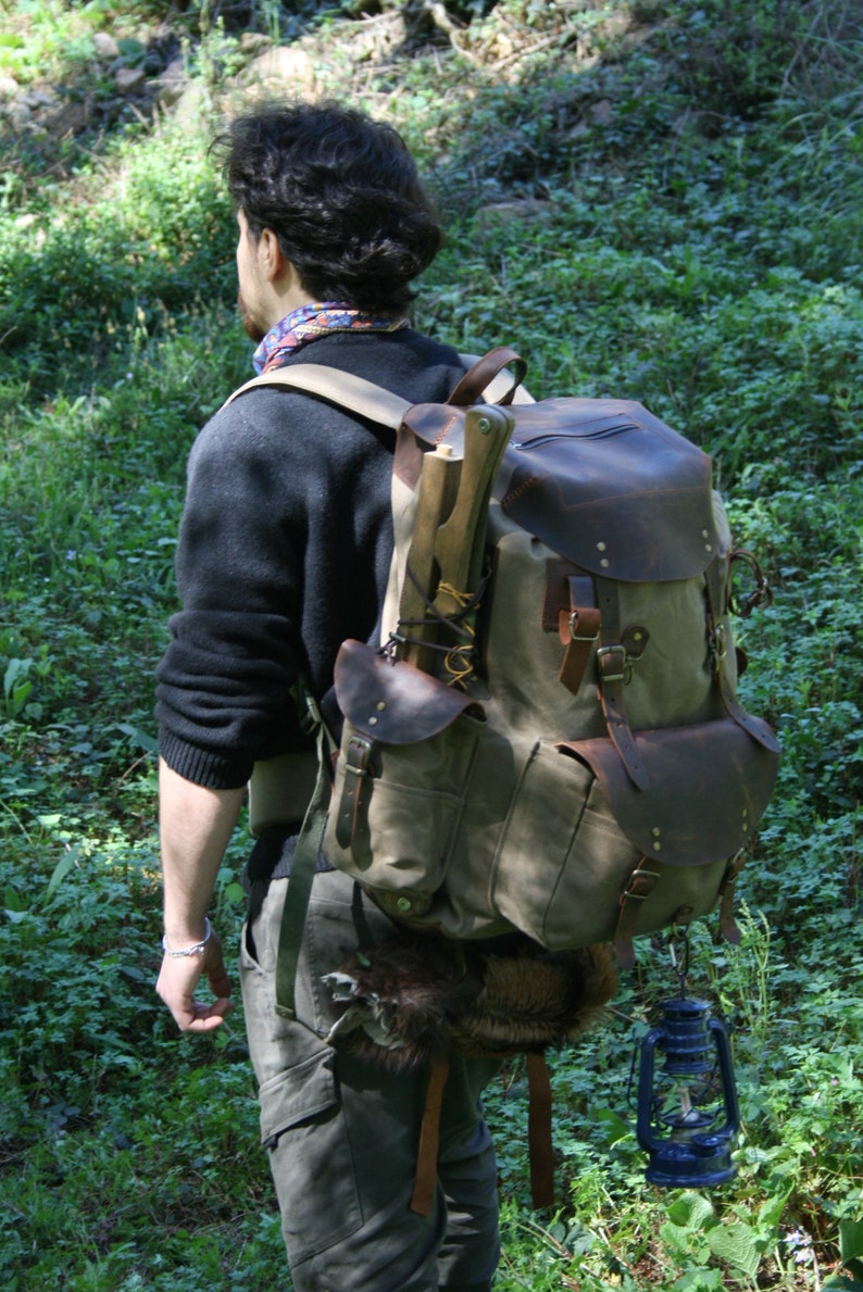 Bushcraft Backpack,leather&canvas Backpack ,waterproof Canvas Rucksack ...