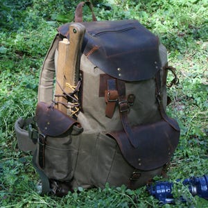 Bushcraft Backpack,leather&canvas Backpack ,waterproof Canvas Rucksack ...
