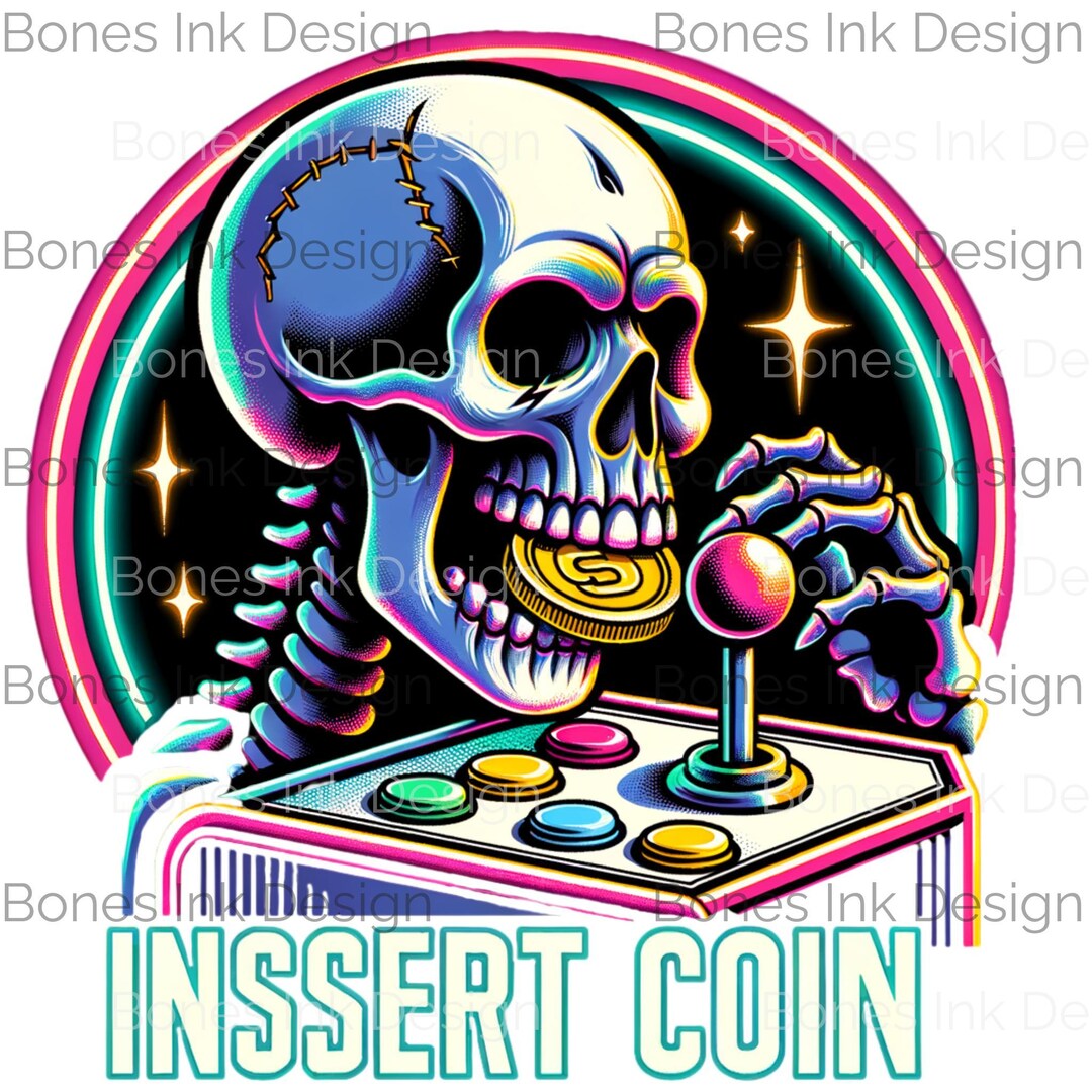 Playful Skeleton With Joystick and Coin PNG Clipart - INSERT COIN Retro ...