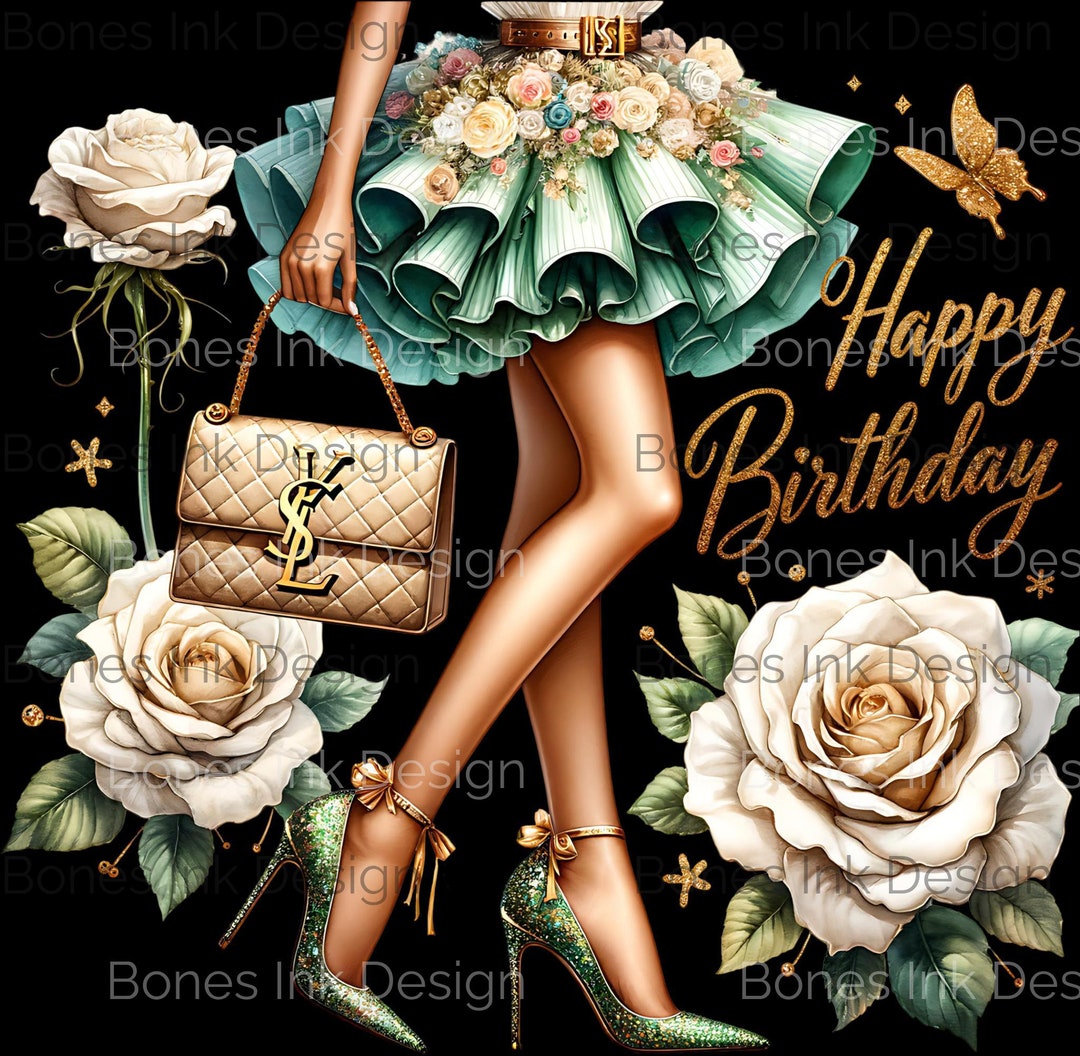 Stylish Happy Birthday Celebration Design With Floral Green Skirt, Gold ...