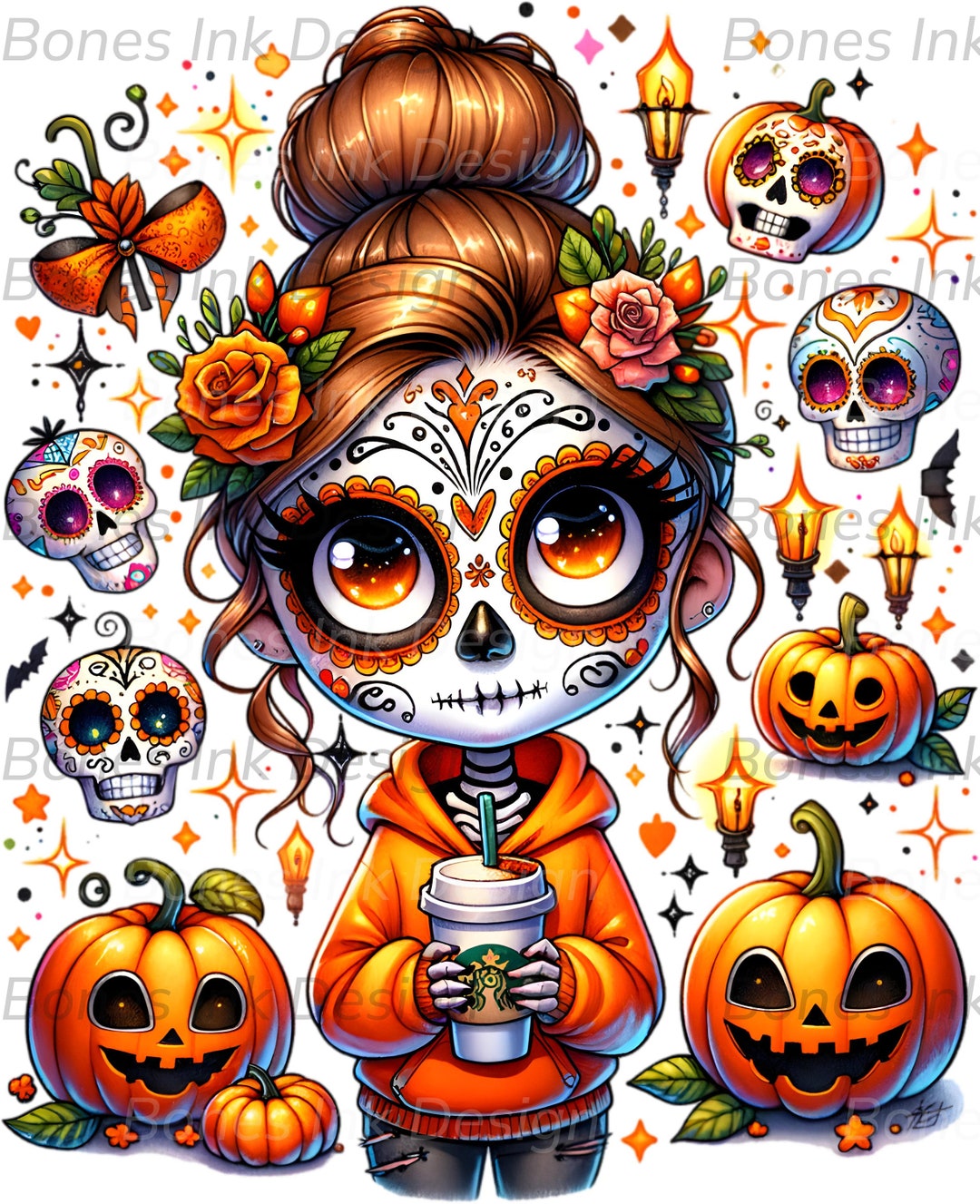 Halloween Sugar Skull Girl PNG Clipart for T-shirts, Tumblers, Wall Art ...