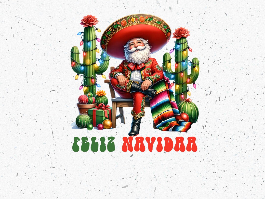 Festive Mexican Santa Claus PNG With Colorful Cacti and FELIZ NAVIDAD ...