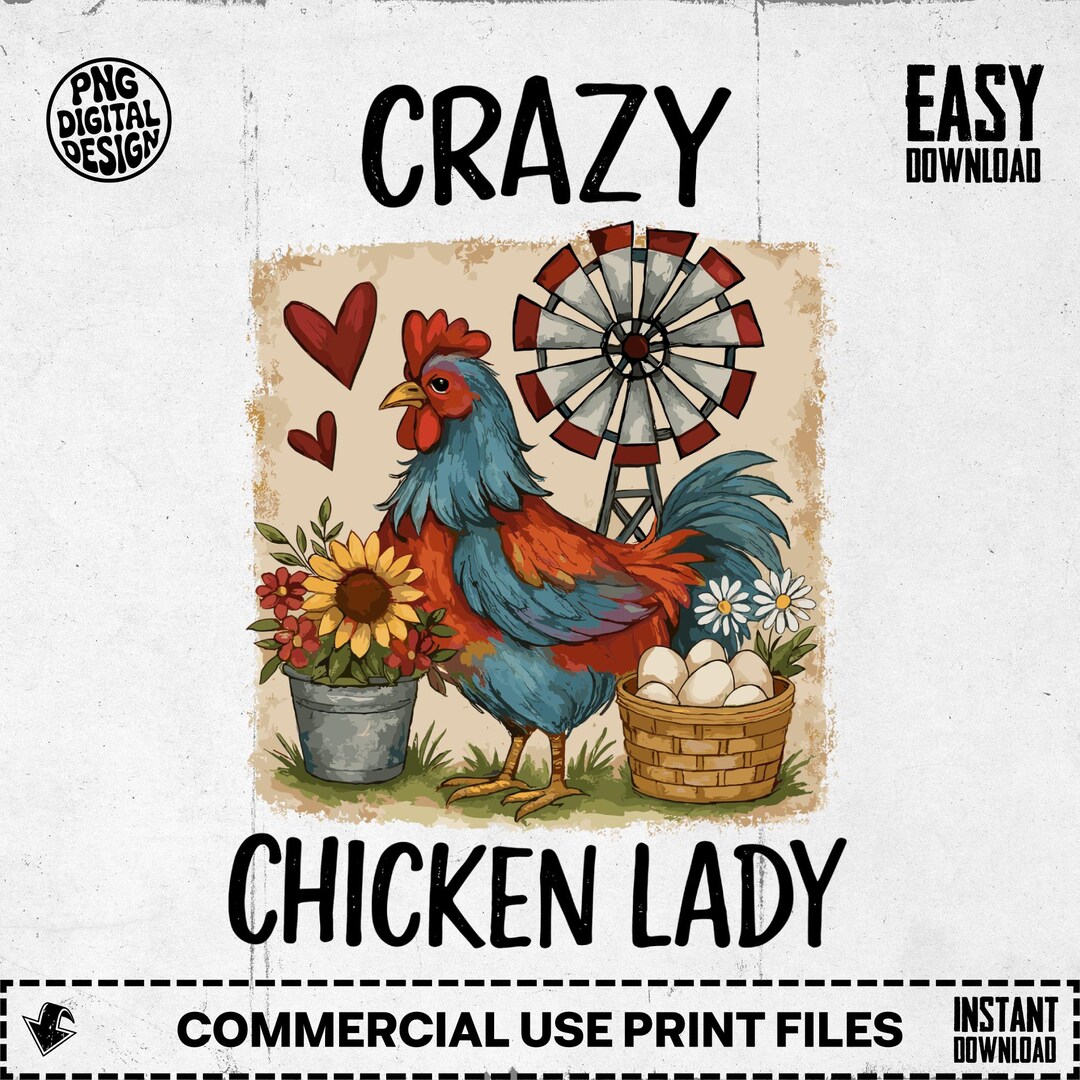 Crazy Chicken Lady Clipart, Farm Animal PNG, Digital Download, Rooster ...