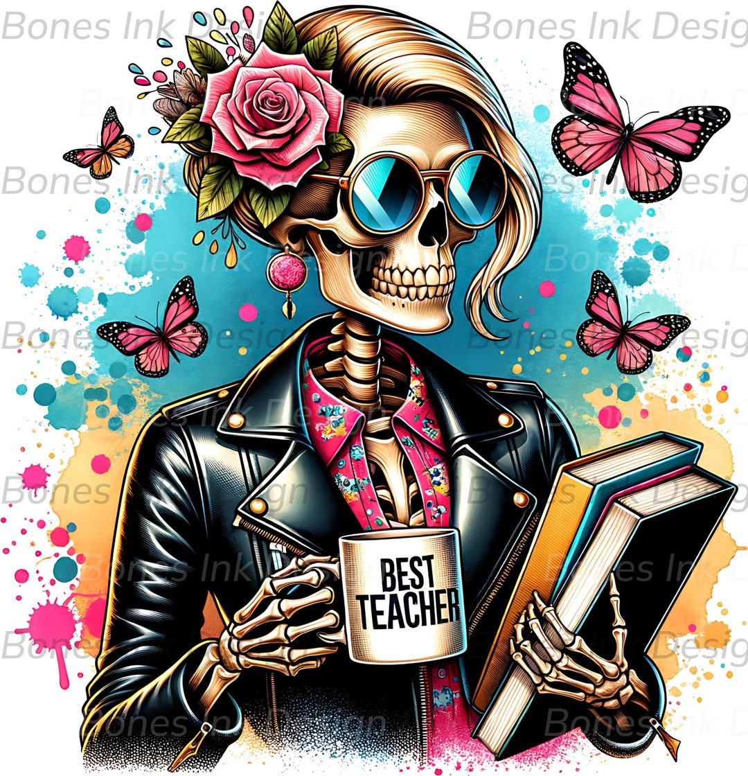 Colorful Skeleton Teacher PNG Clipart for T-shirt Design, Sublimation ...