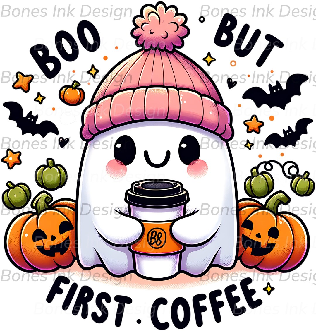 Cute Ghost Coffee Boo but First Coffee PNG Clipart for T-shirt Design ...