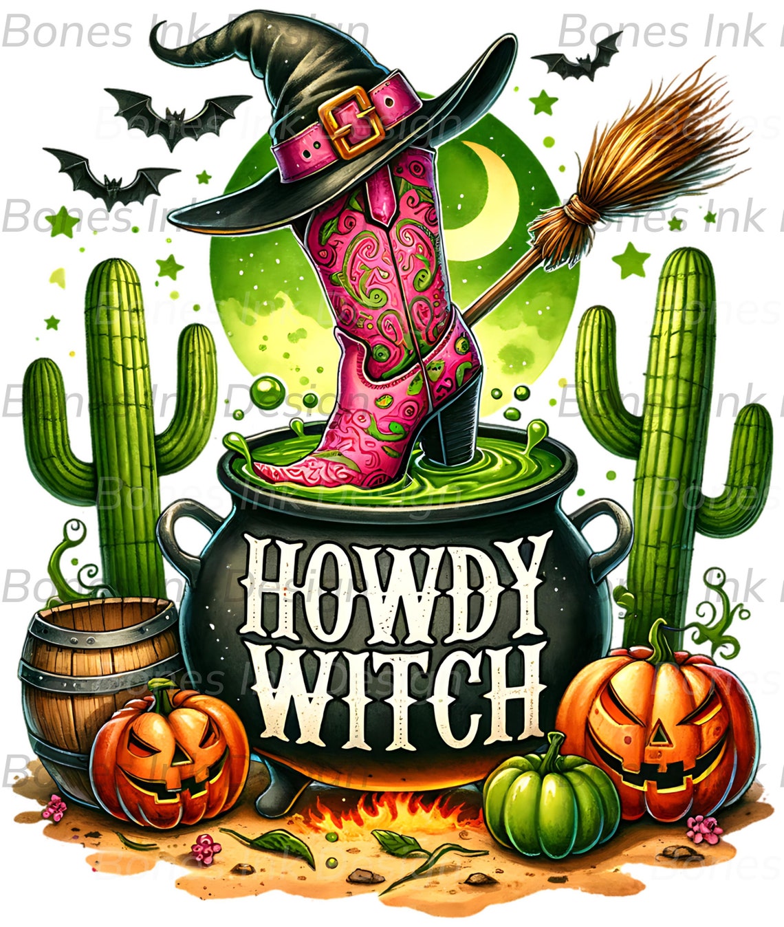 Whimsical Halloween Cowboy Witch Clipart for T-shirt Design and ...