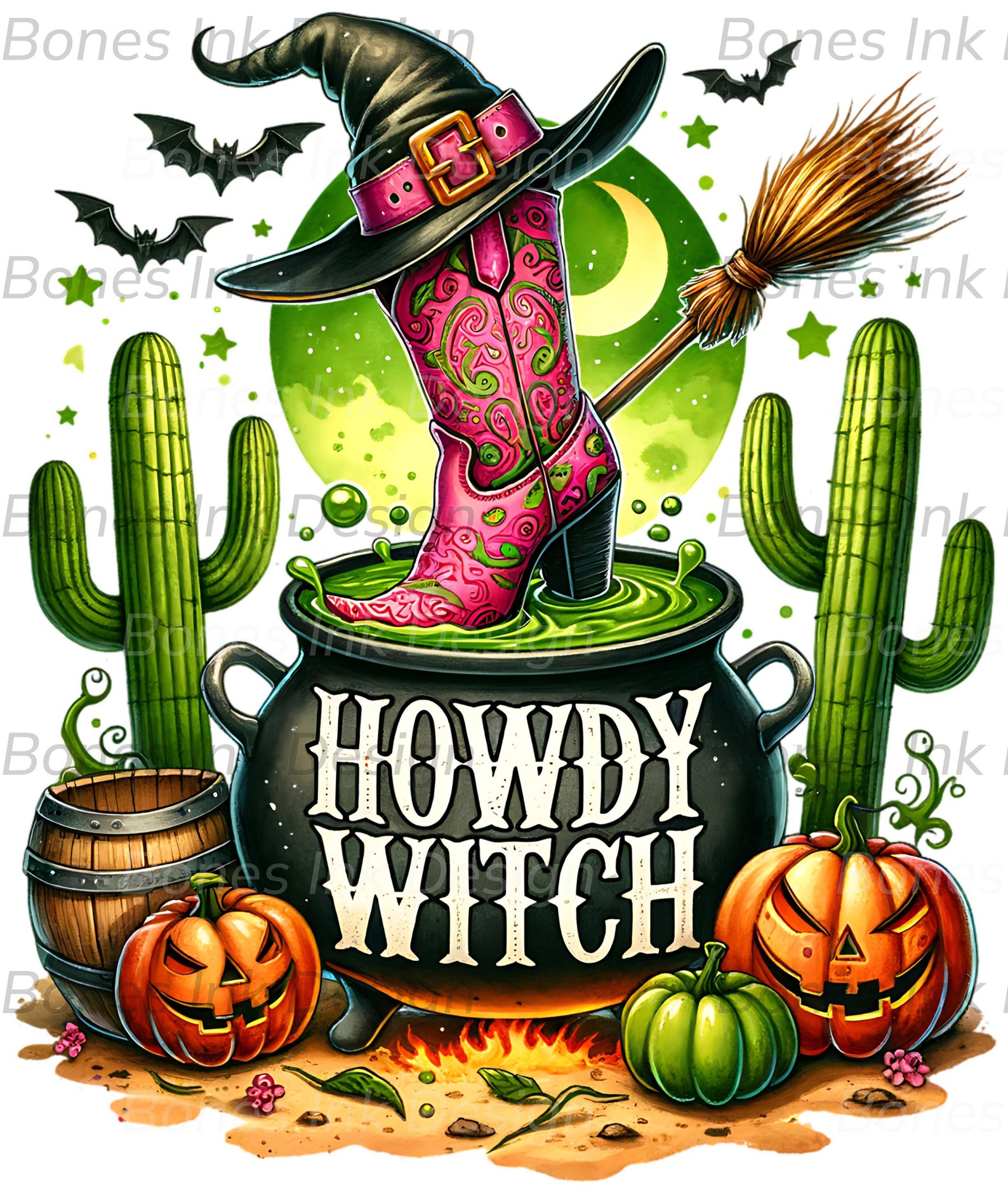 Whimsical Halloween Cowboy Witch Clipart for T-shirt Design and ...