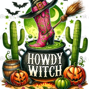 Whimsical Halloween Cowboy Witch Clipart for T-shirt Design and ...