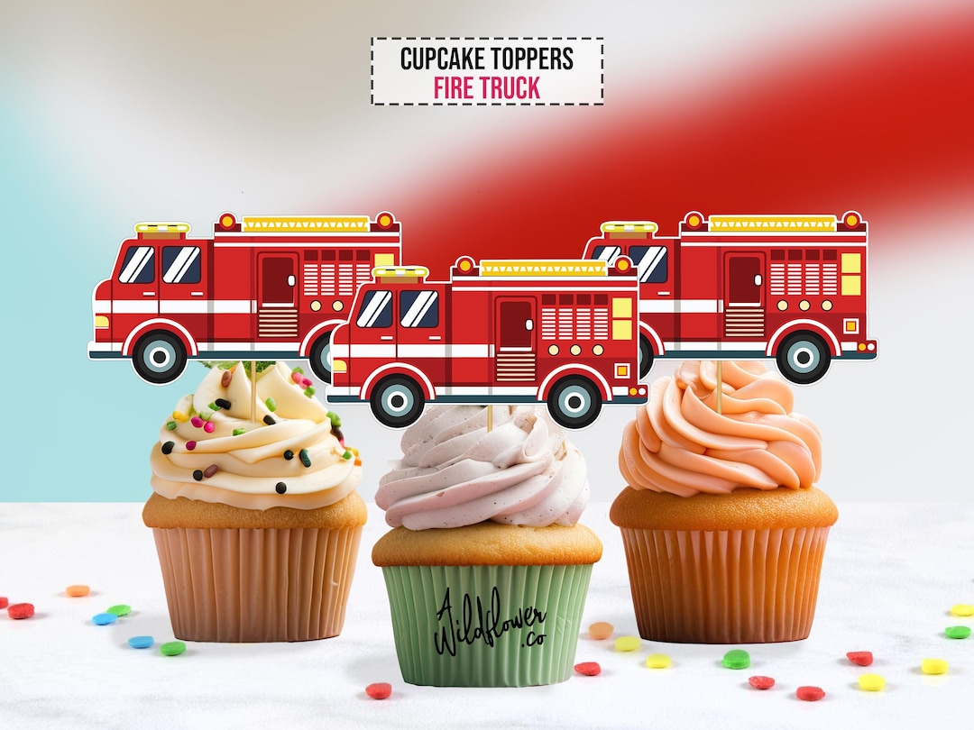 Fire Truck Cupcake Toppers Party Decoration for Children Birthday ...