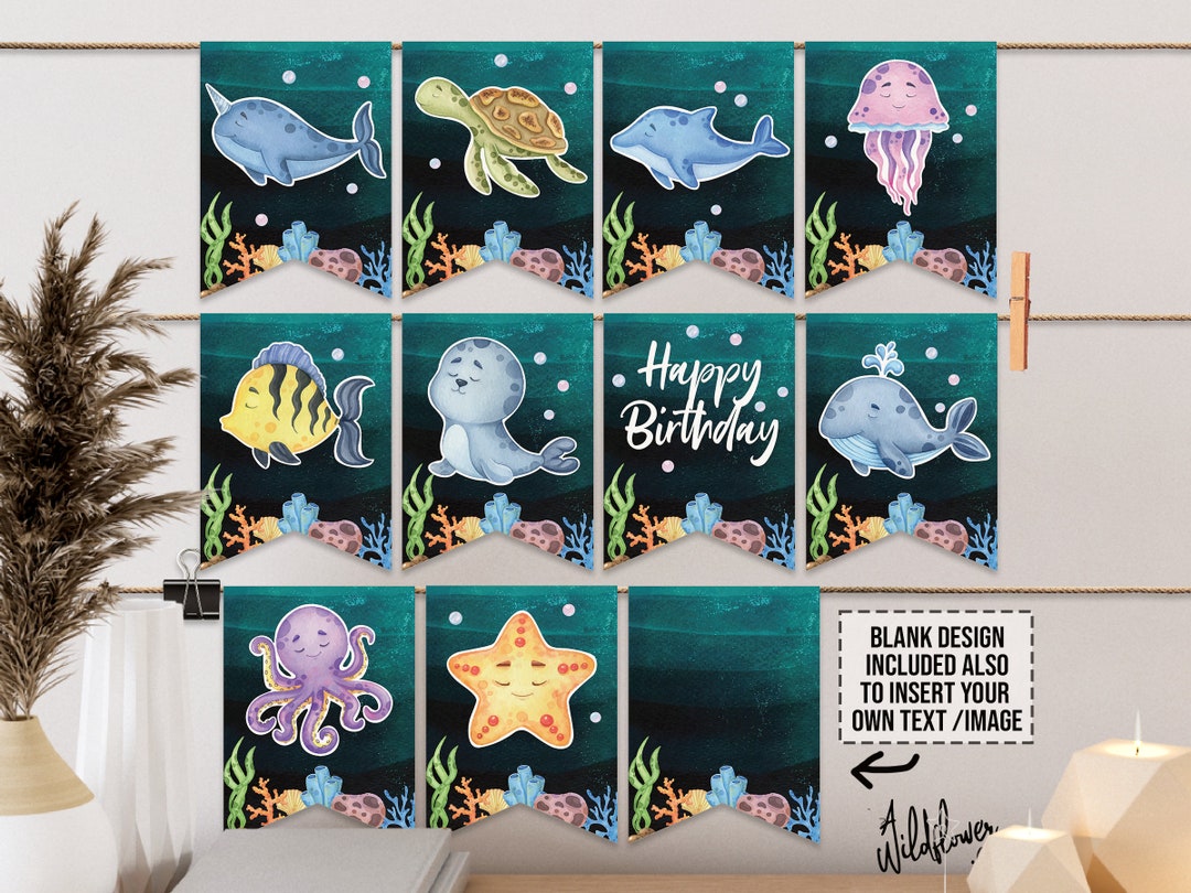 Watercolour Marine Animals Banner, Underwater Bunting Decor, Sea Ocean ...