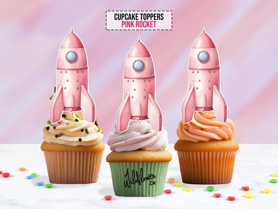 Pink Watercolour Rocket Cupcake Toppers Party Decoration for Children ...