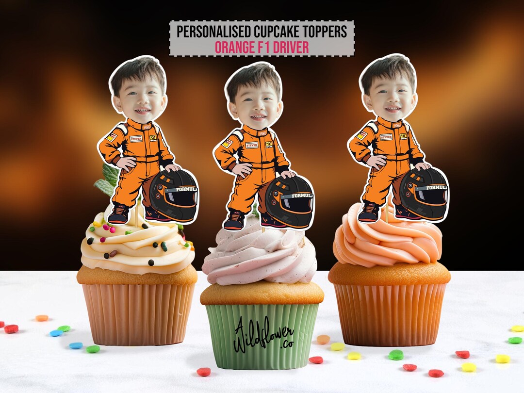 Orange F1 Formula One Race Car Driver Custom Face Cupcake Topper Party ...