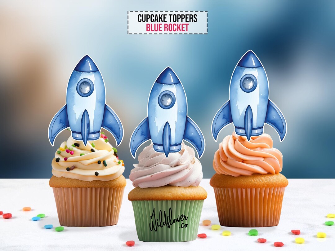 Blue Watercolour Rocket Cupcake Toppers Party Decoration for Children ...