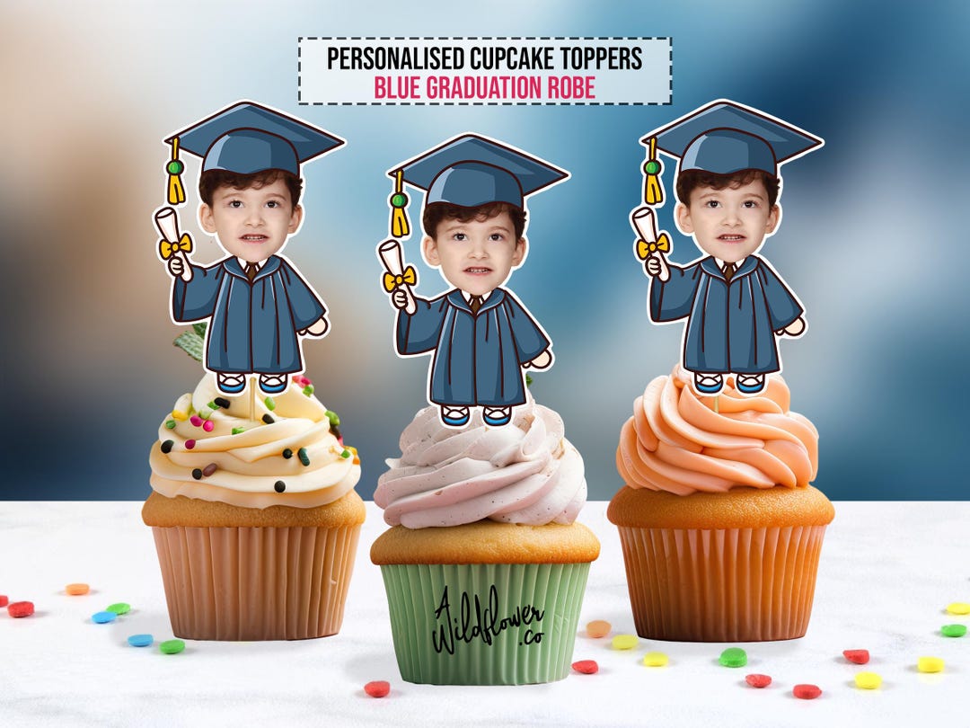 Graduation Custom Face Cupcake Topper Party Decoration, Blue Grad ...