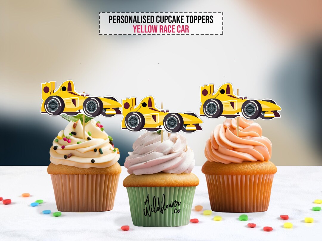 Yellow Race Car Cupcake Toppers Party Decoration for Children Birthday ...
