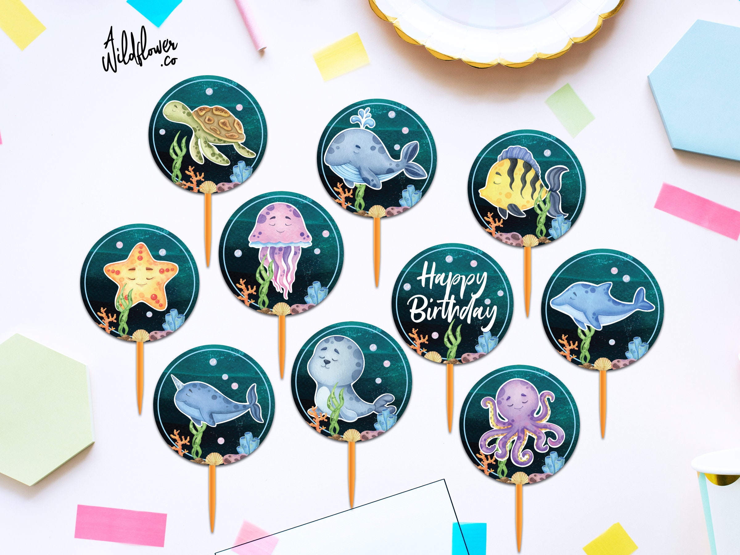 Watercolour Marine Animals Cupcake Topper, Circle Underwater Party ...