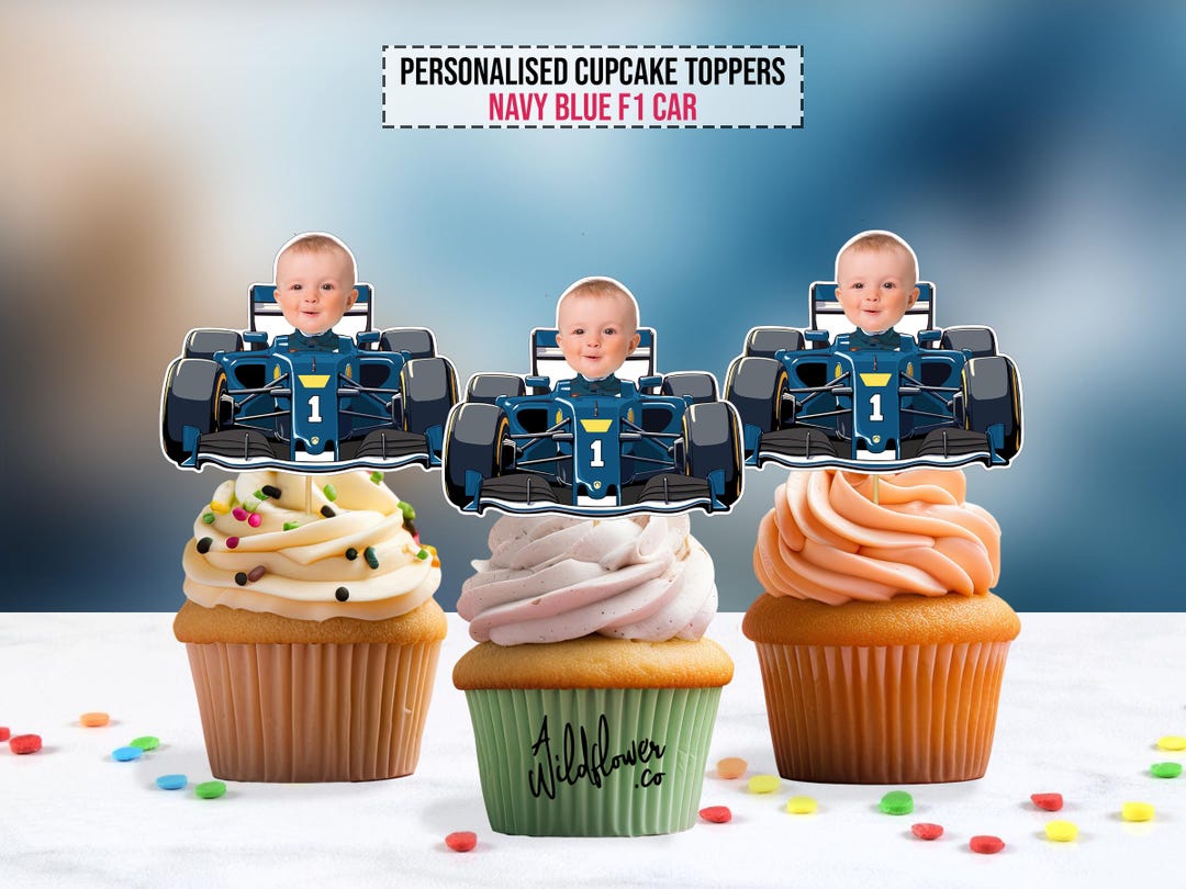 Navy Blue F1 Formula One Race Car Custom Face Cupcake Topper Party ...