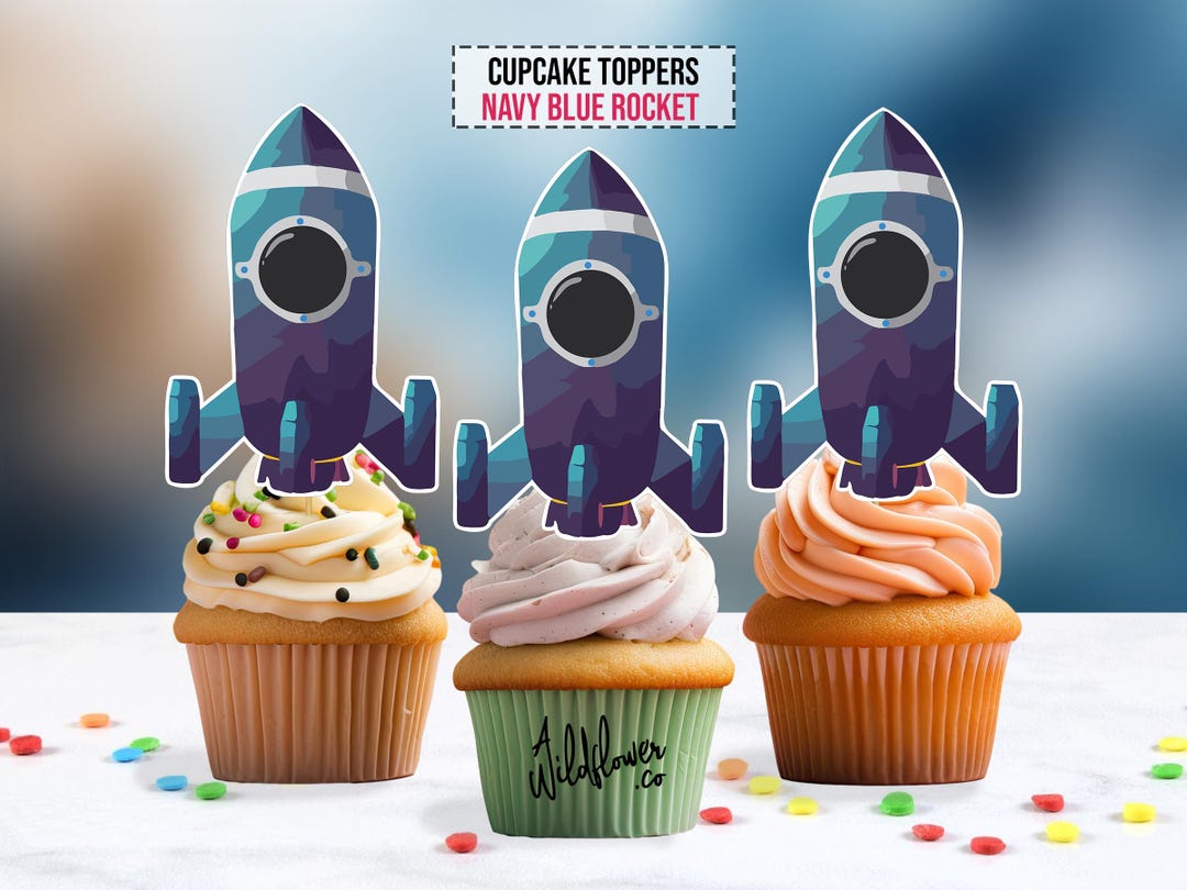 Navy Blue Rocket Cupcake Toppers Party Decoration for Children Birthday ...