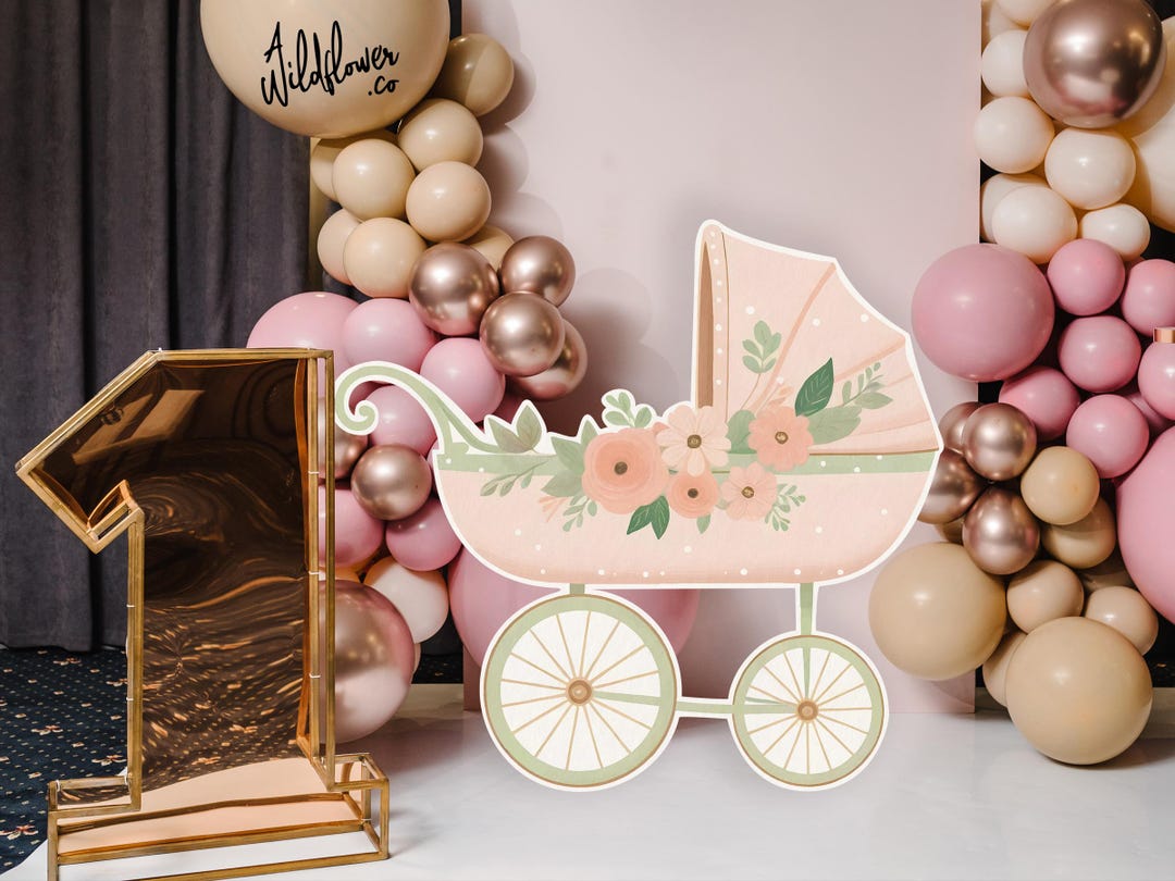 Pink Pram Cutout, Resizable Watercolour Stroller Standee, Floral Baby ...