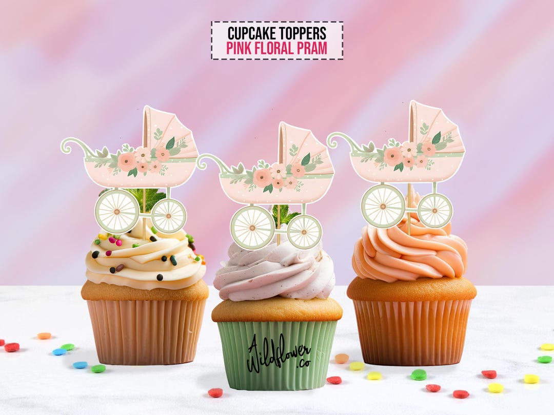 Pink Floral Stroller Pram Cupcake Toppers Party Decoration for Children ...