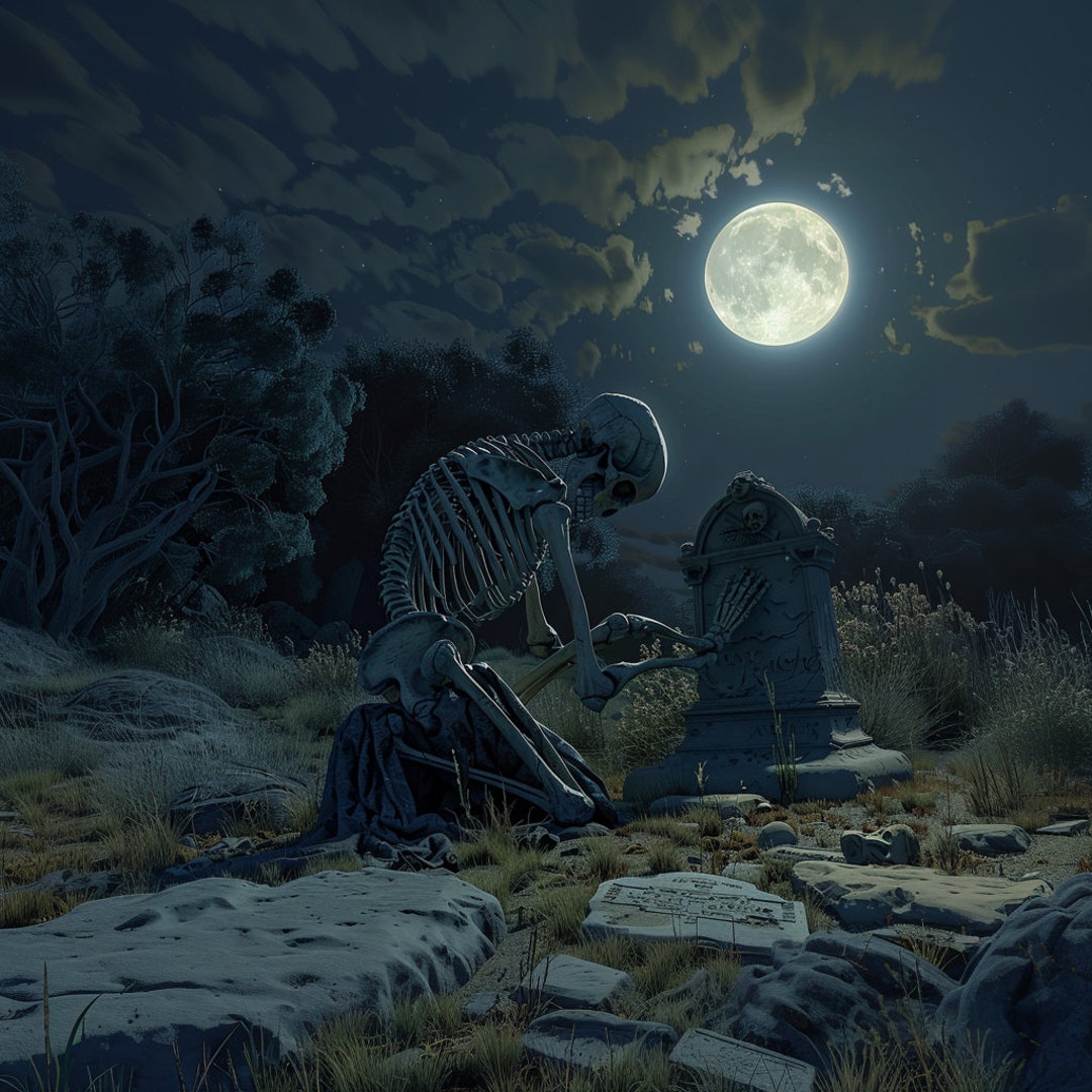 Surreal Print Skeleton in Cemetery - Etsy
