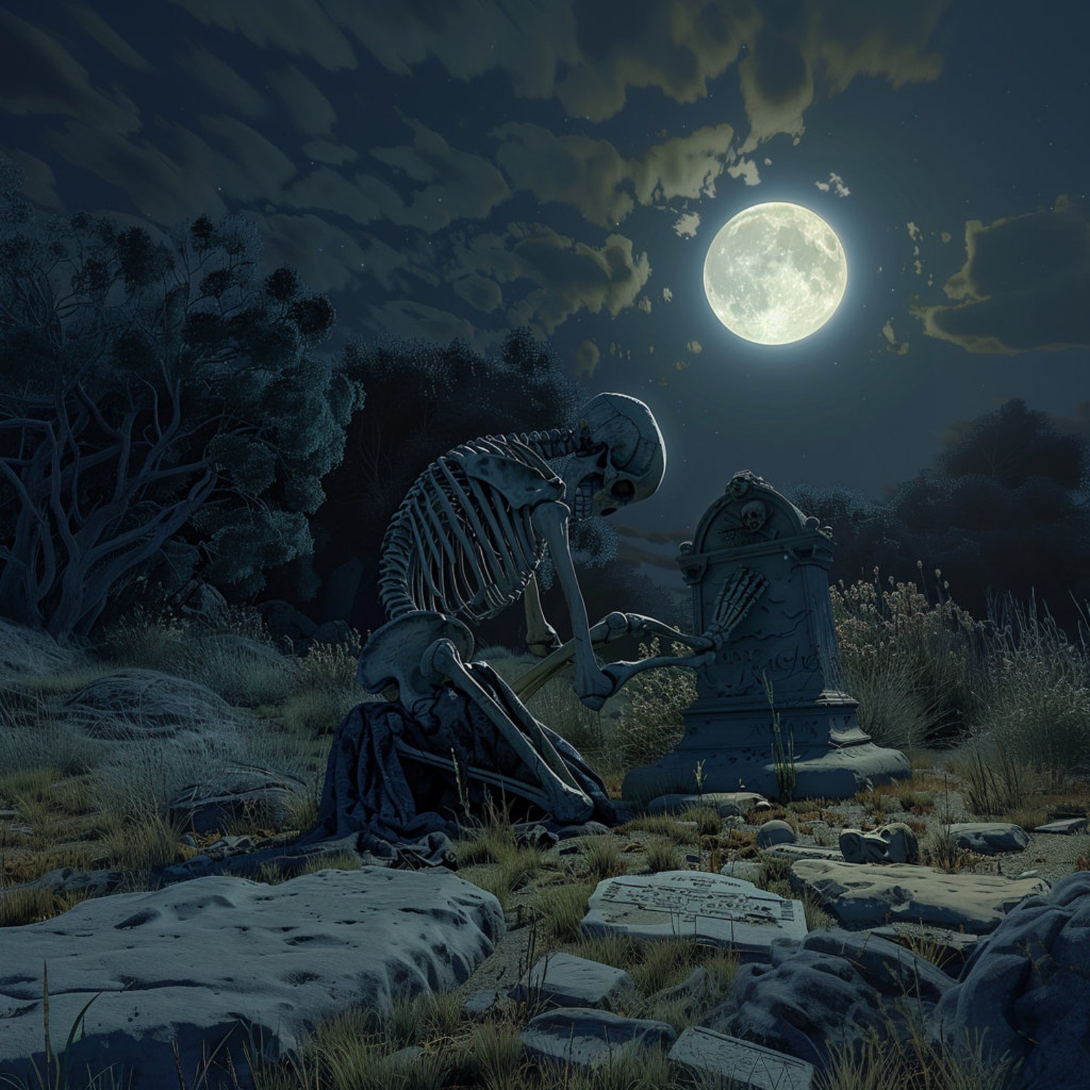 Surreal Print Skeleton in Cemetery - Etsy