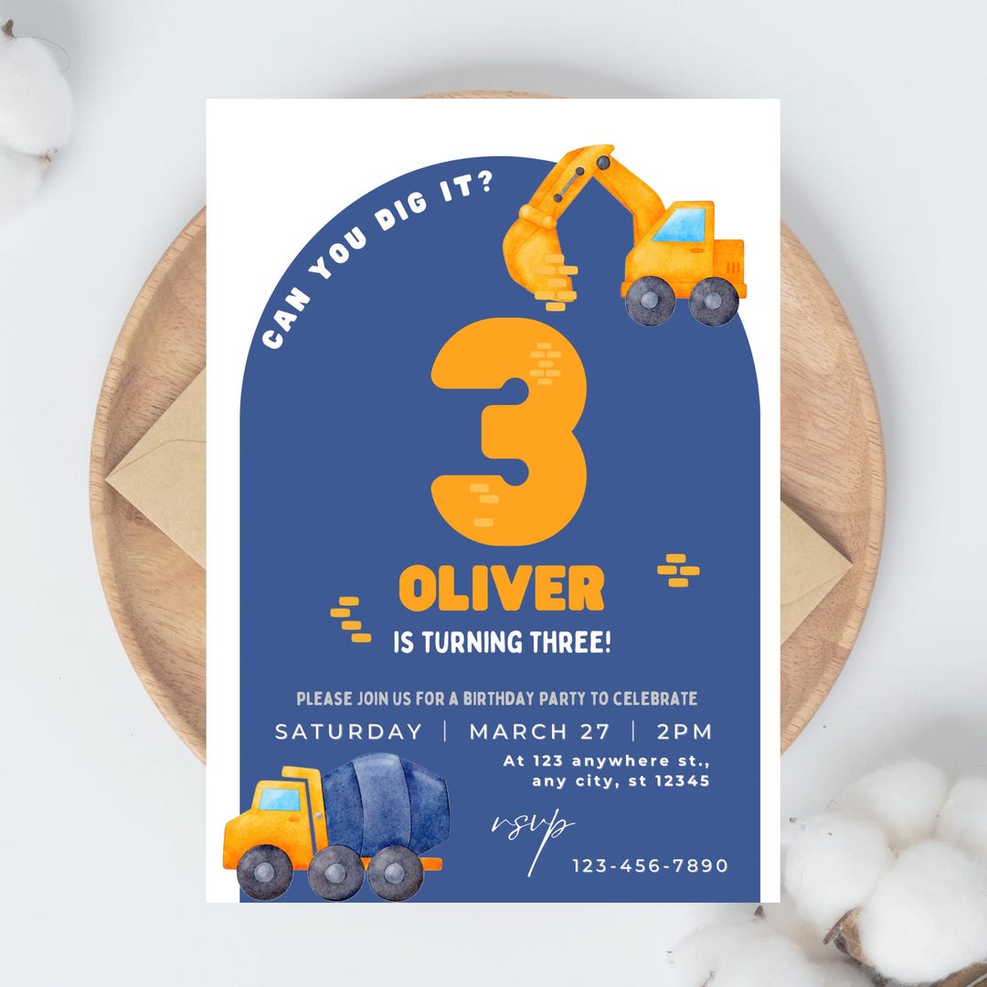 Excavator Birthday Invitation: Construction Party Template (digital ...
